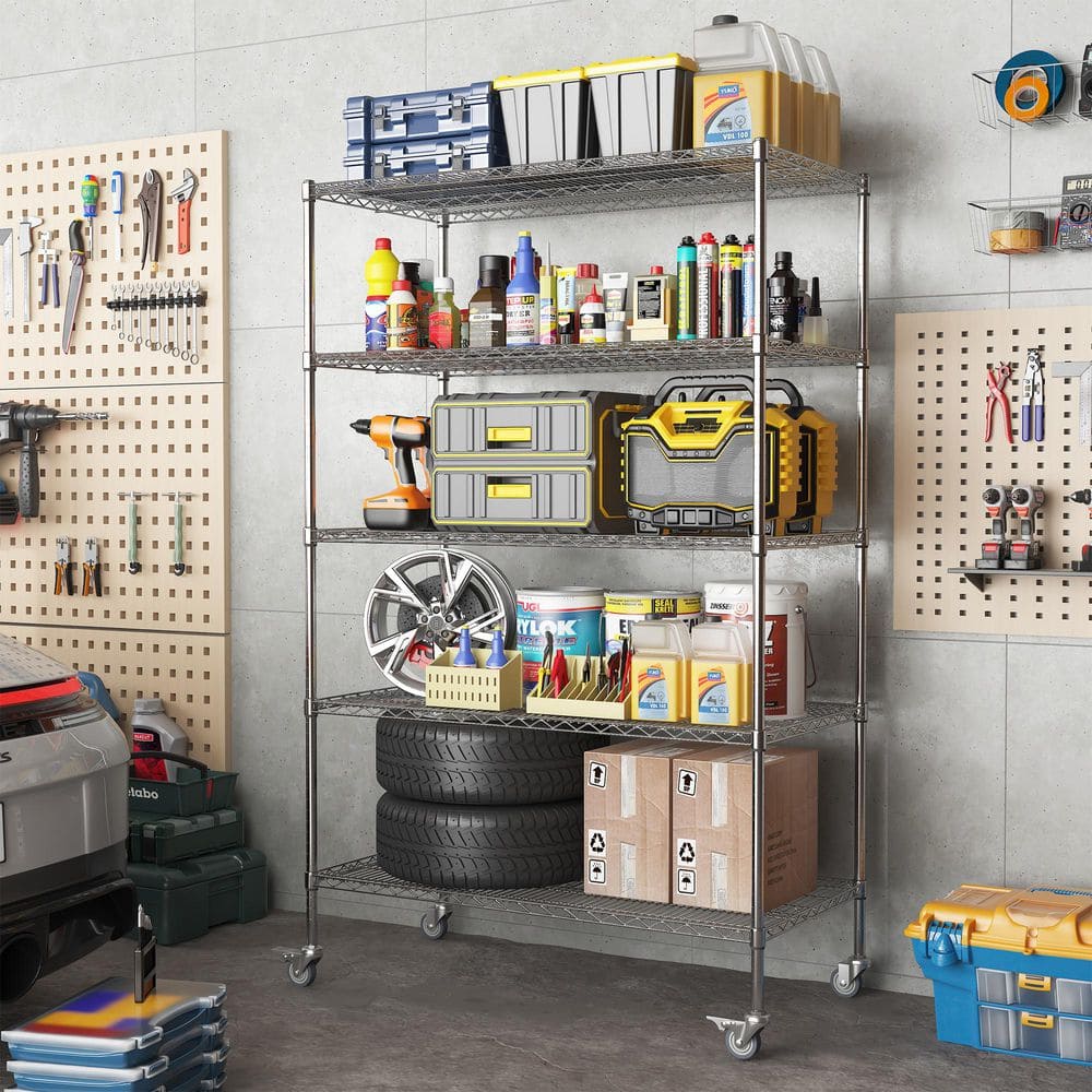 Tahanbath 47 in. Heavy-Duty Adjustable Rolling Metal Shelf: 5-Tier ...