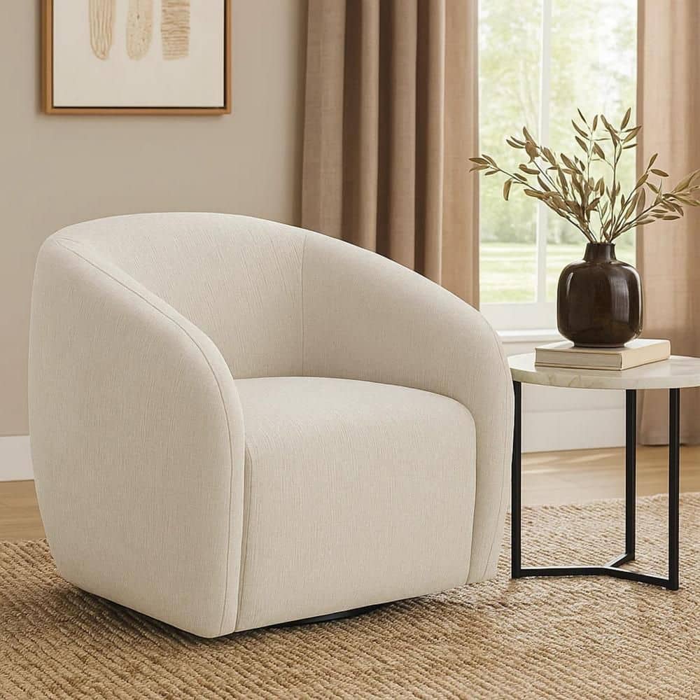 Benjara Tiena Beige Linen Arm Chair with Modern Style Rounded Back ...