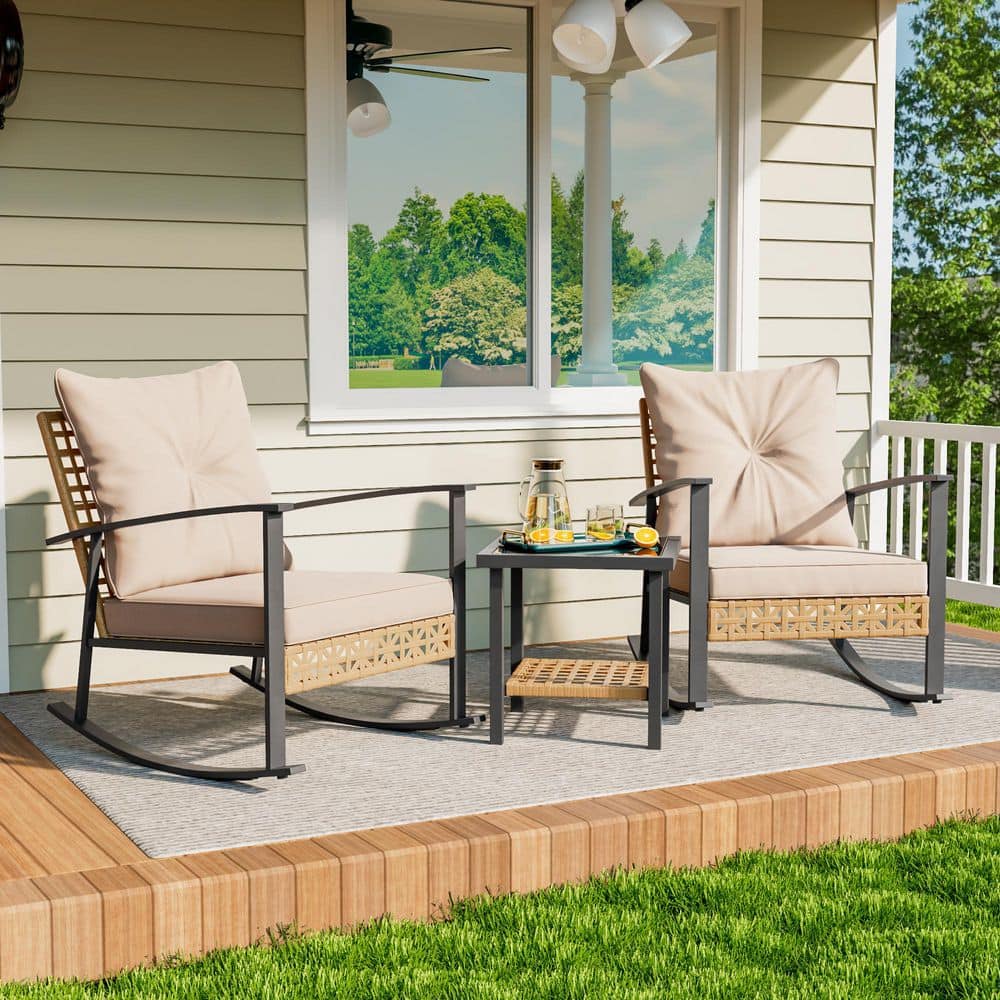 DIGITIME 3-Piece Wicker Outdoor Rocking Chair Bistro Conversation Set ...