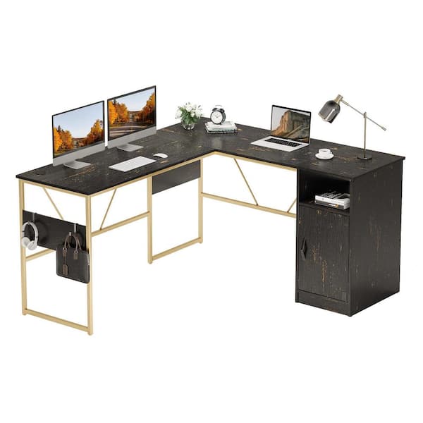 Bestier 60 in. L shaped Black Wood Desk with Cabinet and Hooks D385R ...