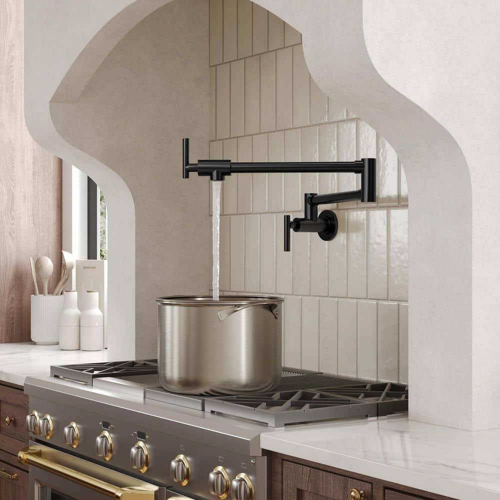 GRANDJOY 25 in. Wall-Mount Double Handles Pot Filler Faucet Kitchen Faucet with Dual Swing Arms ...