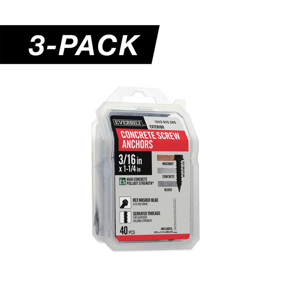 Everbilt 3-Pack 3/16 in. x 1-1/4 in. Hex-Head Concrete Screw Anchors ...