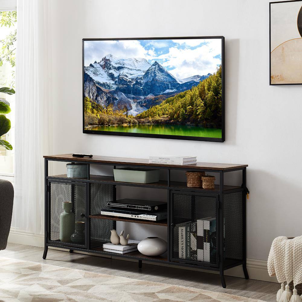 GOOD & GRACIOUS 55.5 in. Rustic Brown TV Stand Cabinet Sideboard Fits ...