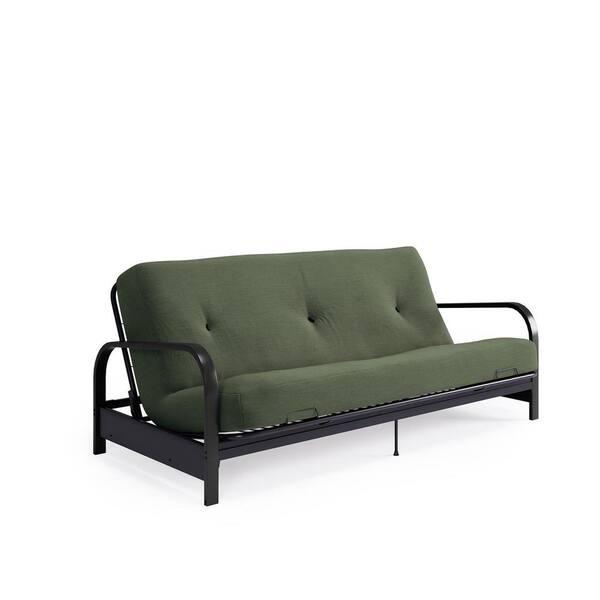 DHP Darrien Full Size Espresso Wood Arm Futon Frame with 6 Thermobonded High Density Polyester Fill Tan Microfiber Mattress
