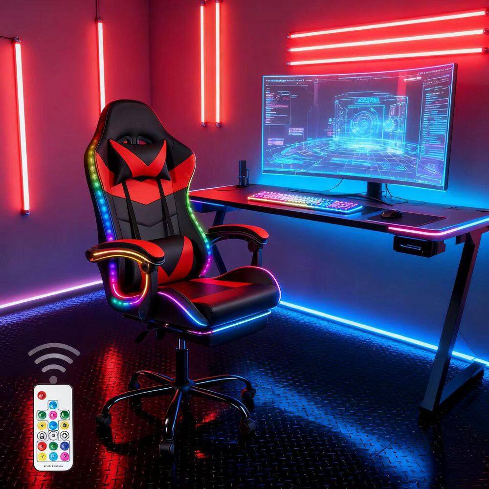 PU Leather Reclining Ergonomic Gaming Chair with RGB Lighting in Black ...