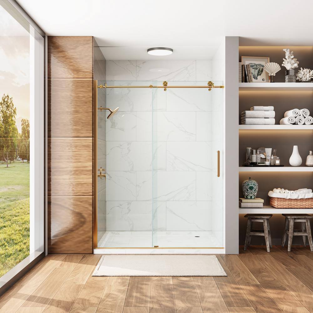 HOROW 59 in. W x 75 in. H Sliding Frameless Shower Door in Golden with ...