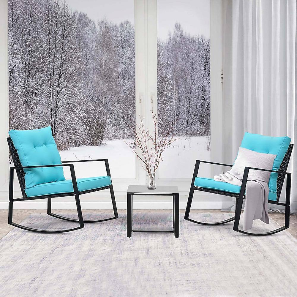 Zeus & Ruta Black 3-Piece Wicker Rocking Patio Conversation Set with ...