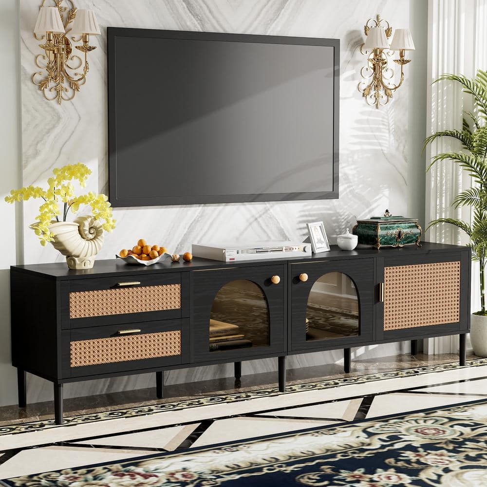 Harper & Bright Designs Rattan Black TV Stand Entertainment Center Fits ...