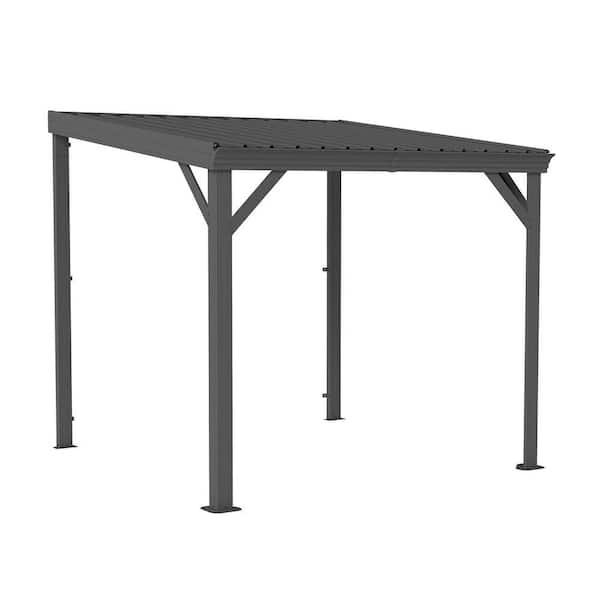 Gray 8 ft. x 8 ft. Wall-Mounted Hardtop Gazebo, Sloping Steel Roof with ...