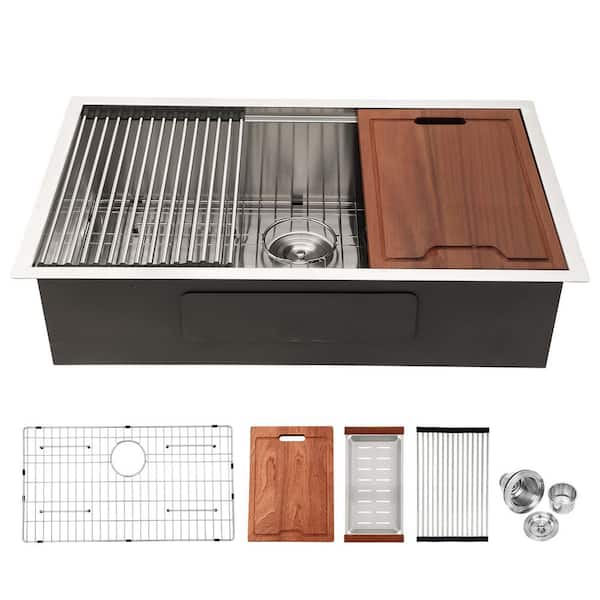 30 in. Undermount Single Bowl 16-Gauge Stainless Steel Kitchen Sink with Grid and Drain Assembly ...