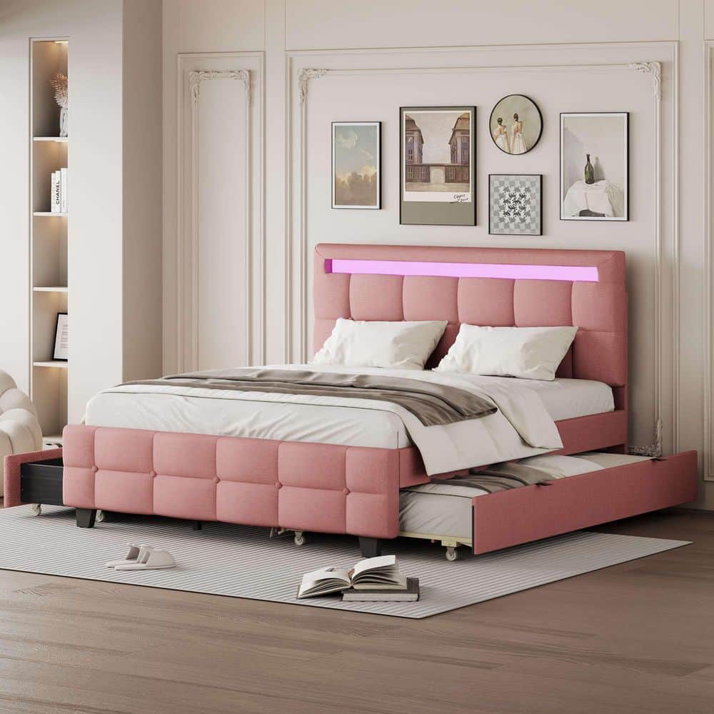 Polibi Pink Wood Frame Queen Size Platform Bed with Led Frame, Twin Xl ...
