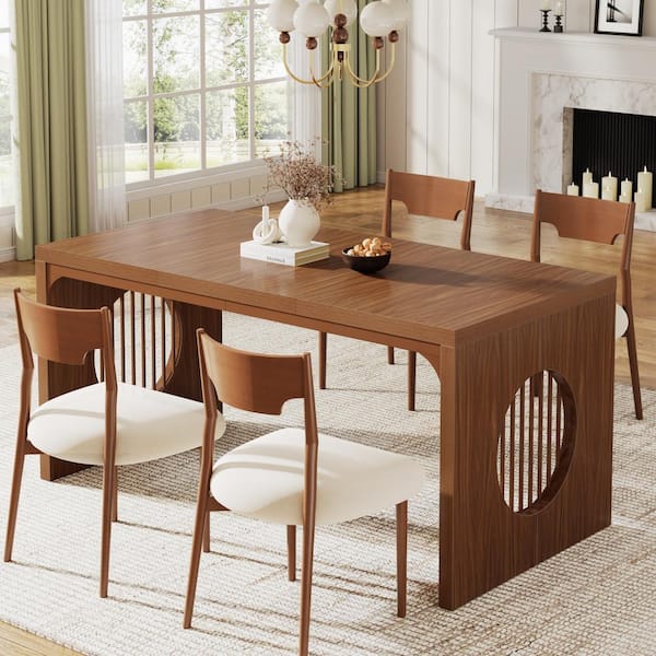 BYBLIGHT Roesler Brown Wood 62 in. Pedestal Dining Table Kitchen Dinner Table with Thickened Wood Base for Dining Room Seats 4 BB NY211QPDT