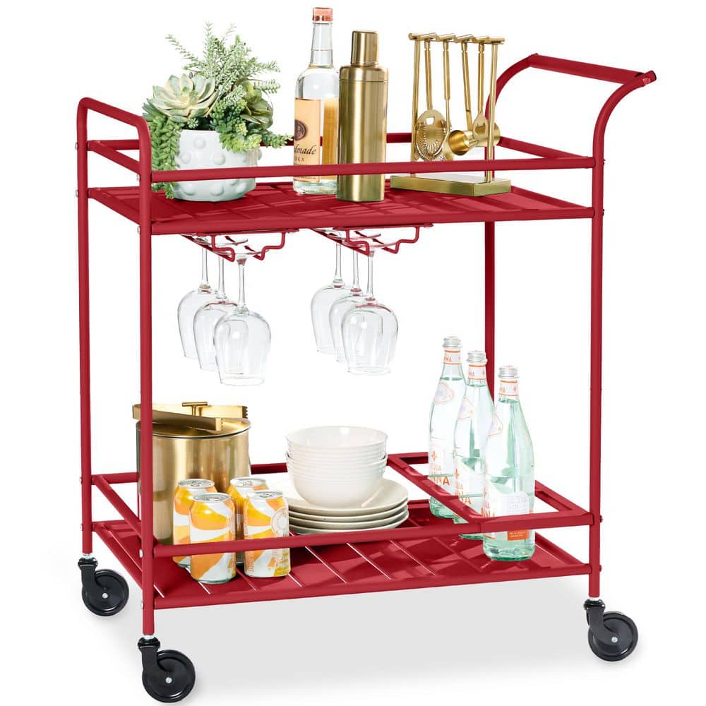 Best Choice Products 2-Tier Red Outdoor/Indoor Metal Bar Serving Cart ...