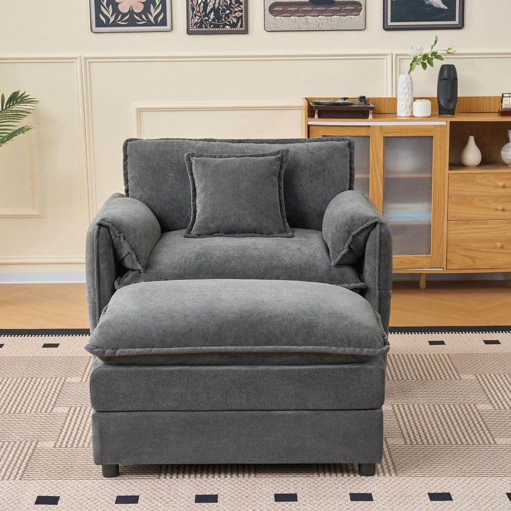 Boyel Living Grey Chenille Oversized Arm Chair with Movable Ottoman ...