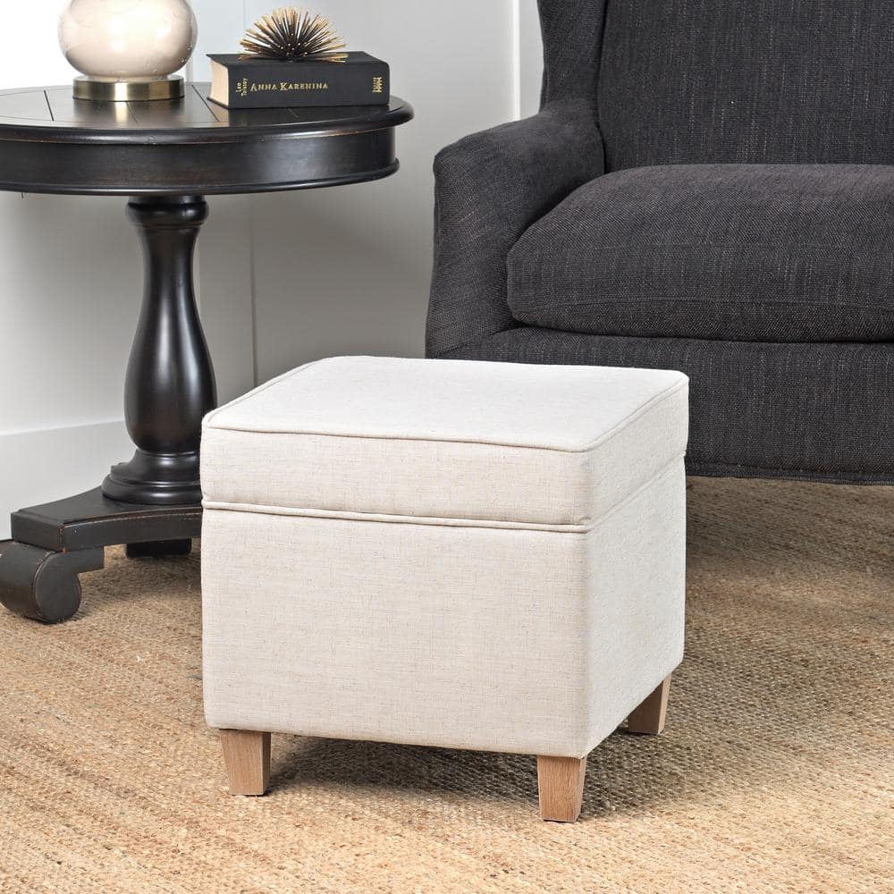 Homepop Cream Textured Woven Polyester and Linen Square Storage Ottoman ...