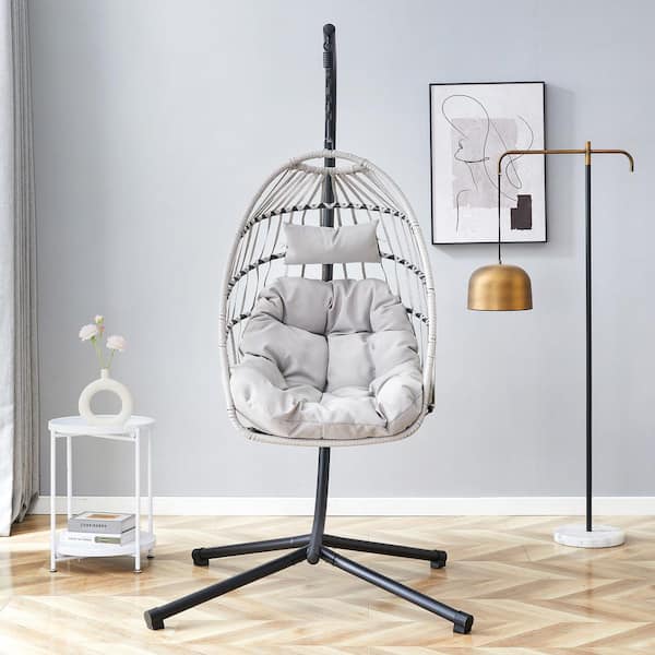 Light Gray Metal Outdoor Rocking Chair with Light Gray Cushions for ...
