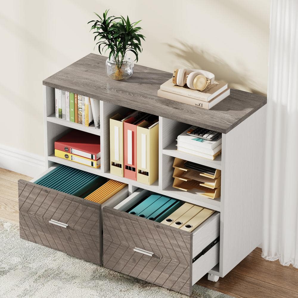 BYBLIGHT Atencio 2-Drawer Gray and White Wood 39.37 in. W Lateral ...