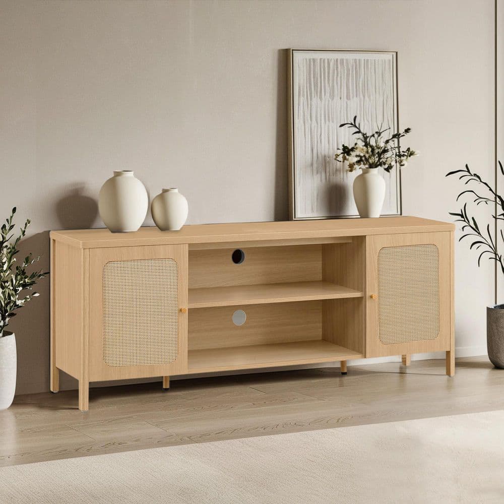 Spruce & Spring Aaron Oak TV Stand Fits TVs up to 70 in. with 2 Storage ...