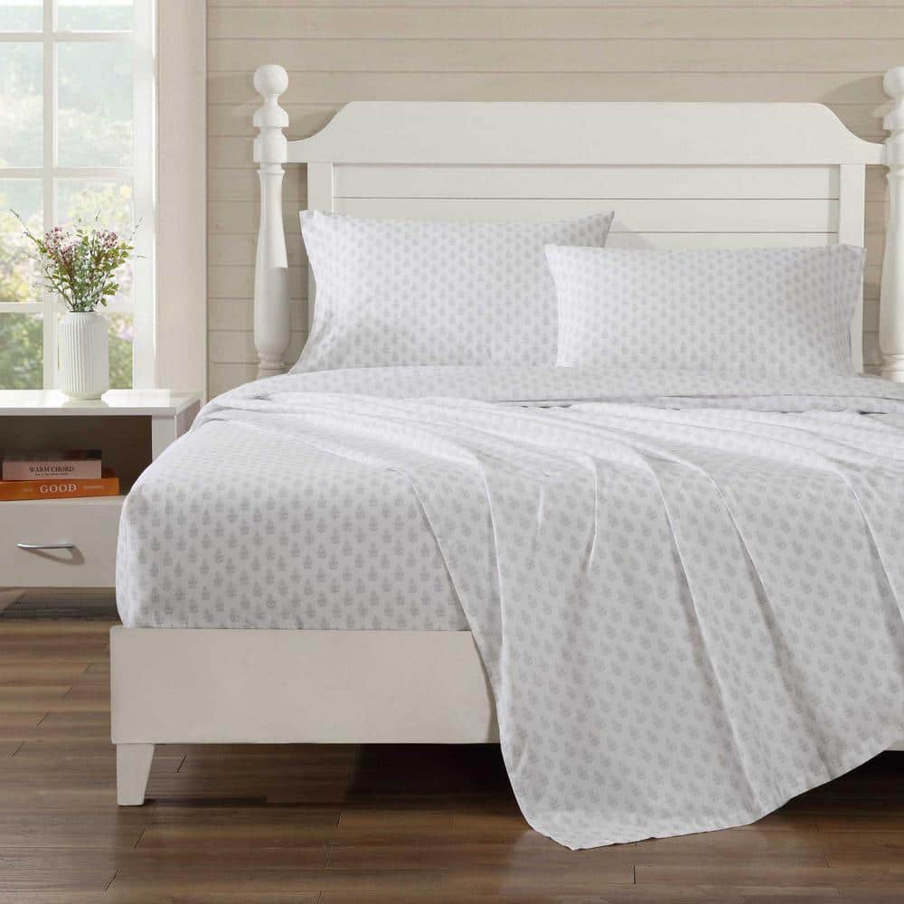Laura Ashley Francesca Floral 4-Piece Grey/White Percale Cotton Full ...