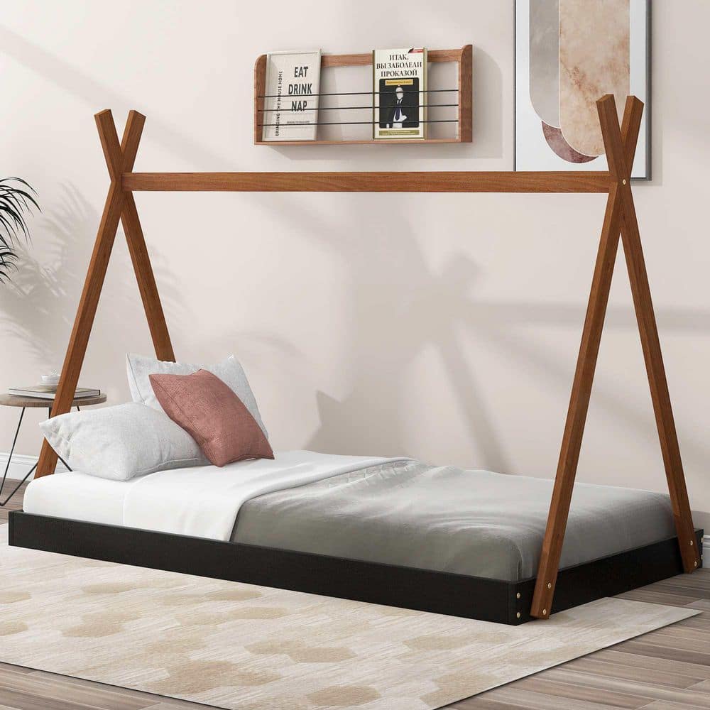 Polibi Black/Brown Wood Frame Twin Size Platform Bed with Triangle ...