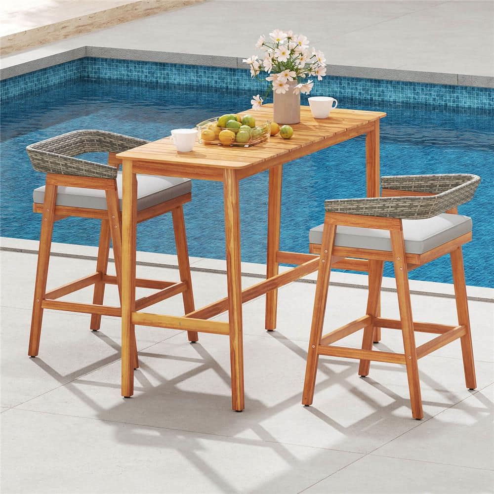 Costway 54 in. x 22 in. Acacia Wood Counter Height Table with Slatted ...
