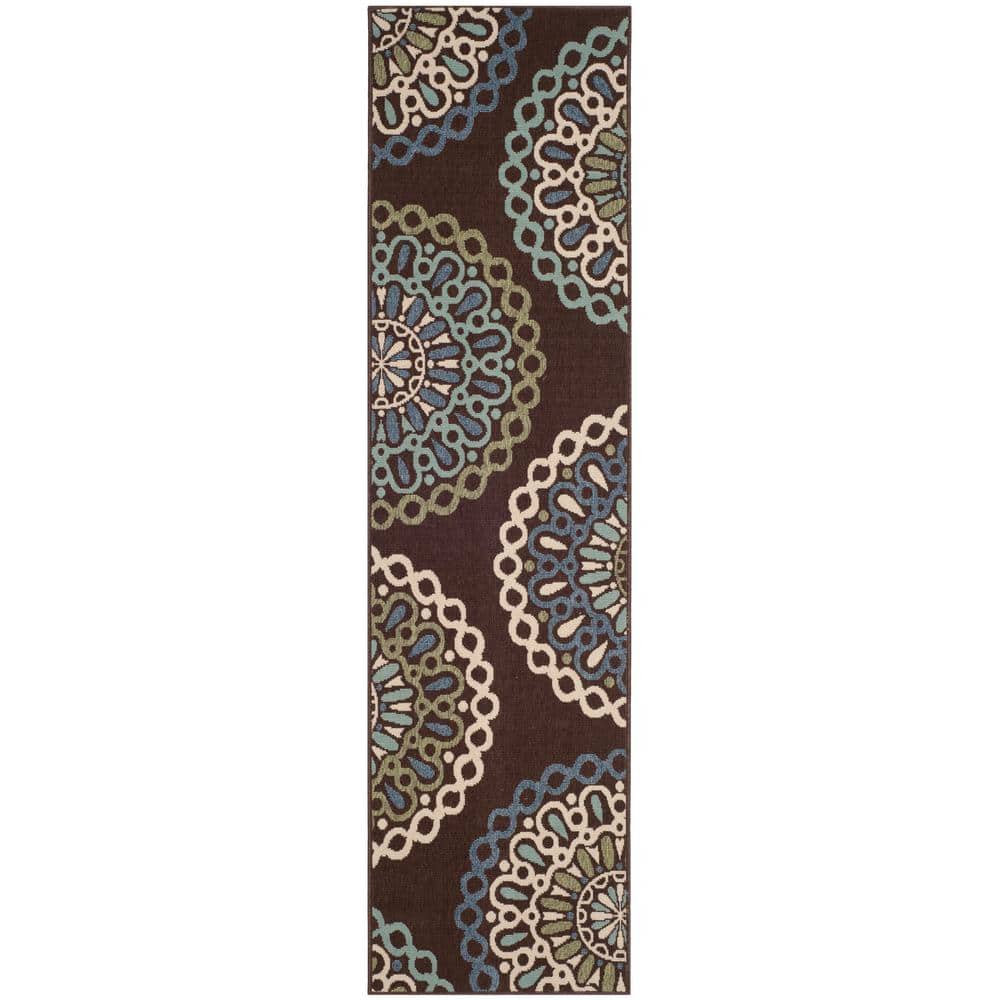 SAFAVIEH Veranda Chocolate/Blue 2 ft. x 8 ft. Floral Indoor/Outdoor ...