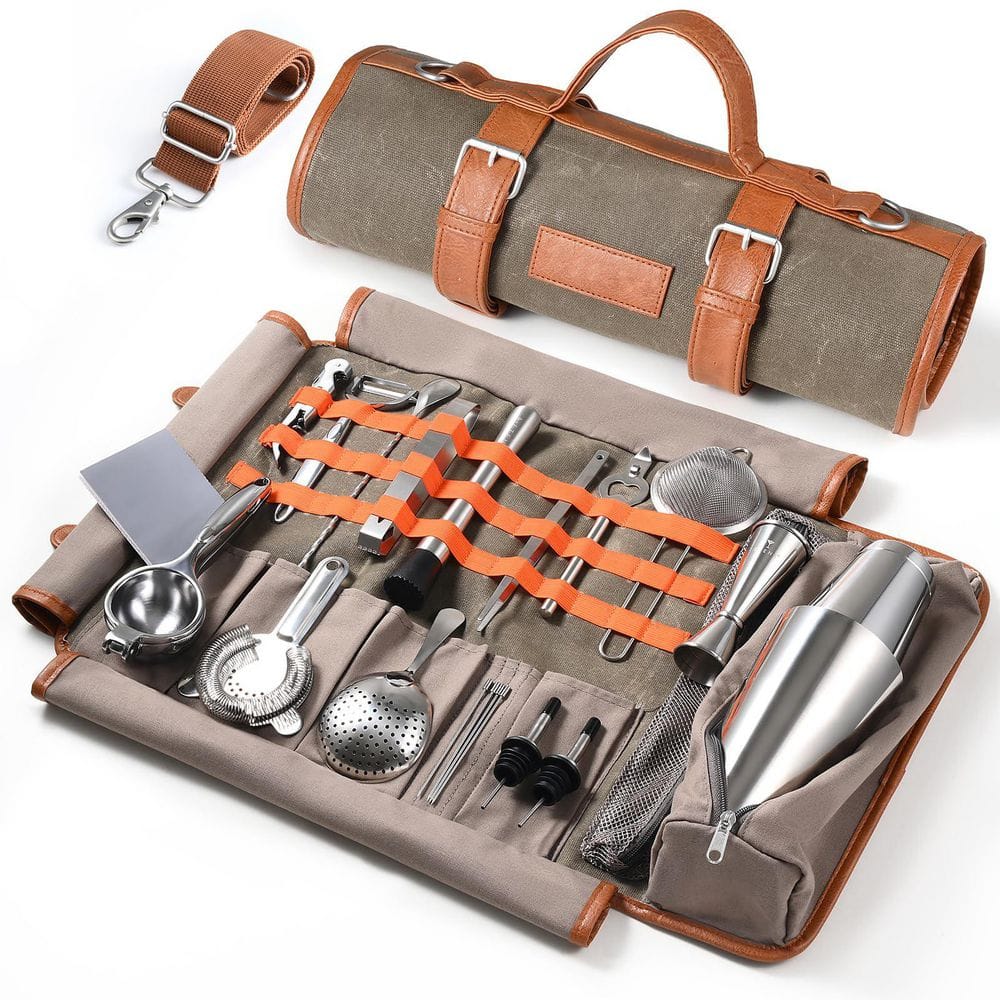 Lynzavix 22-Piece Stainless Steel Bartender Kit with Waxed Canvas Tool ...