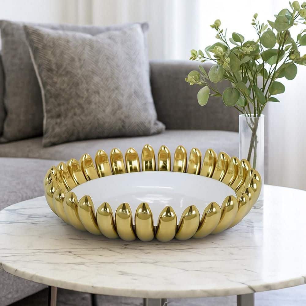 Benjara Milly White and Gold Round Ceramic 16 in. Decorative Bowl ...