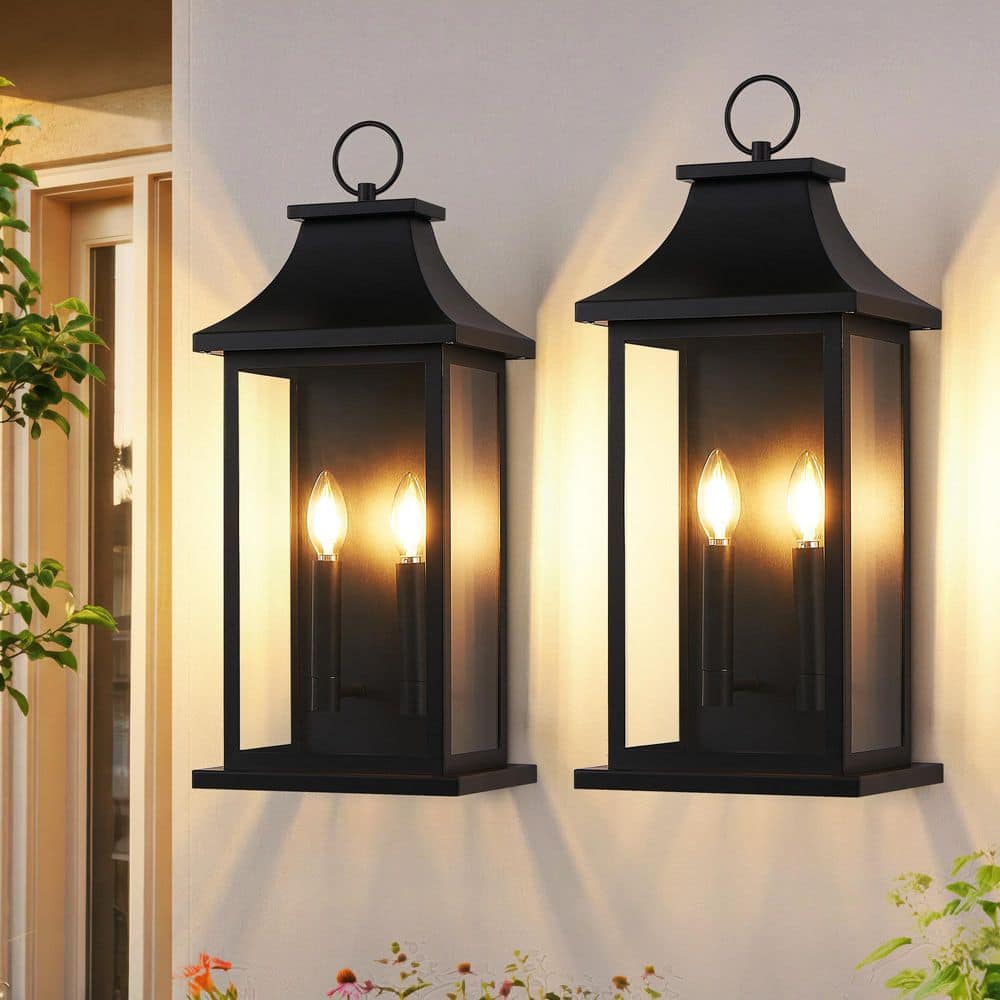 GCGAFUL 22 in. 2-Light Matte Black Hardwired Outdoor Wall Lantern ...