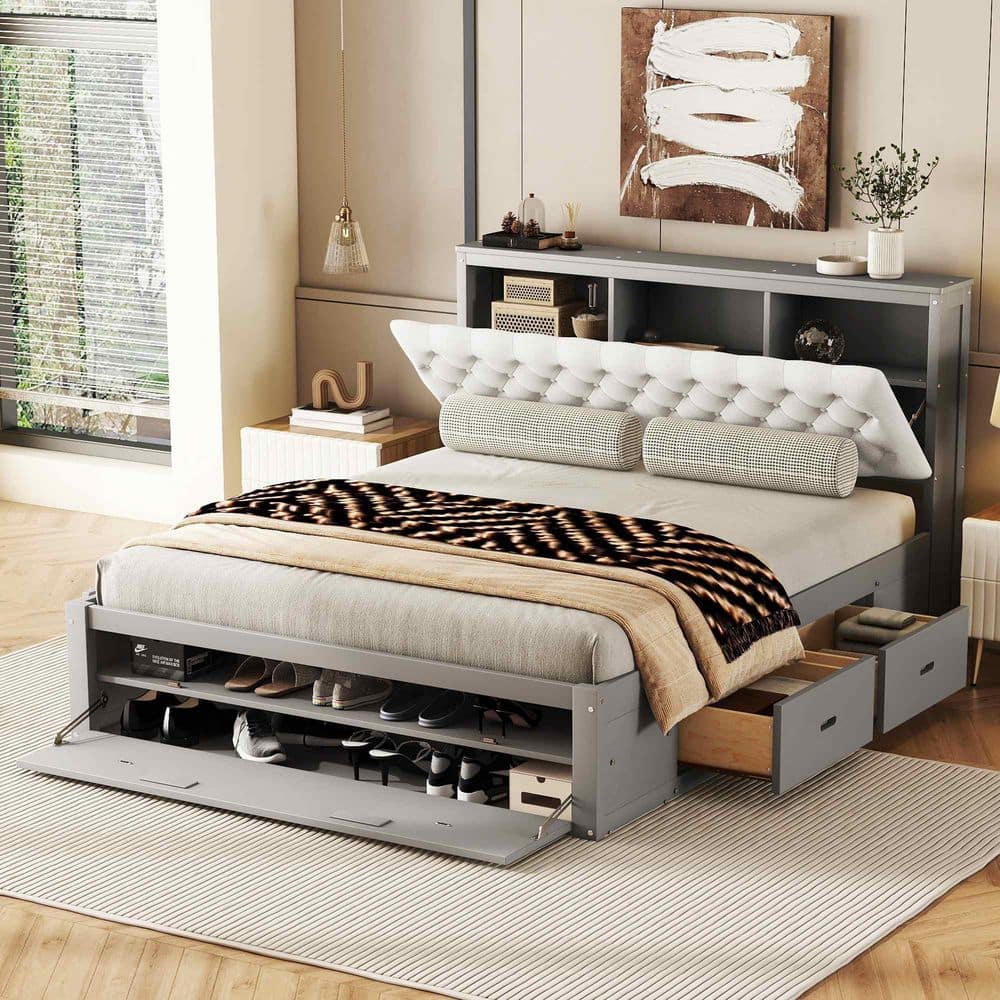 Polibi Gray Wood Frame Queen Size Platform Bed with Storage Headboard ...