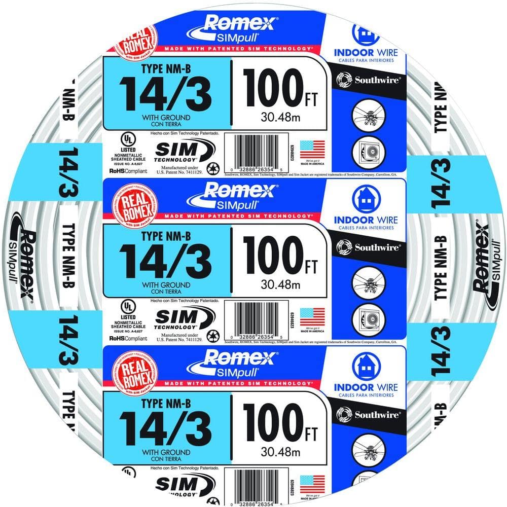 Southwire 100 ft. 14/3 Solid Romex SIMpull CU NM-B W/G Wire 63946828 ...