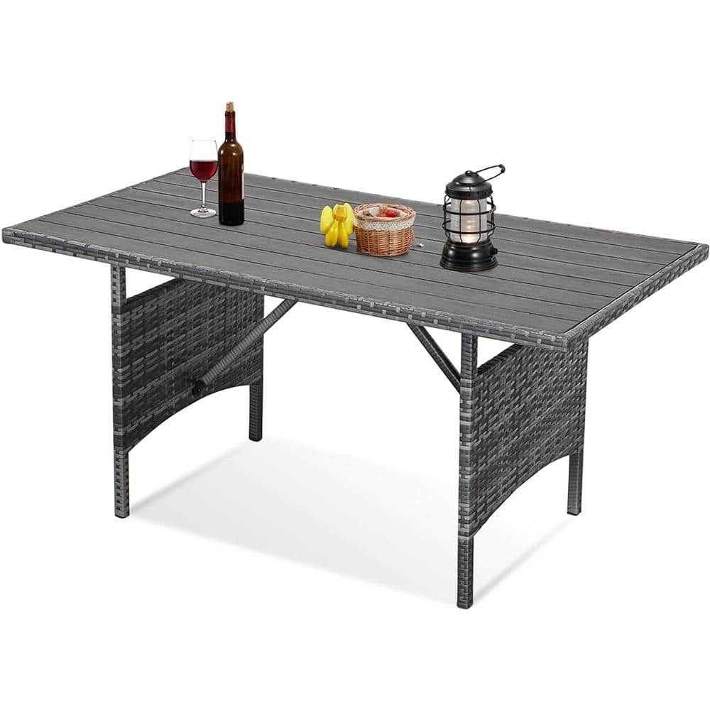 AECOJOY 54 in. Outdoor Gray Rattan Dining Table with Wicker Metal Frame ...