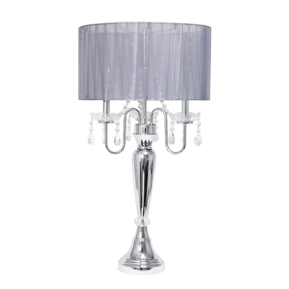 Lalia Home 31 in. Chrome Cascading Crystal Table Lamp with Gray Fabric ...