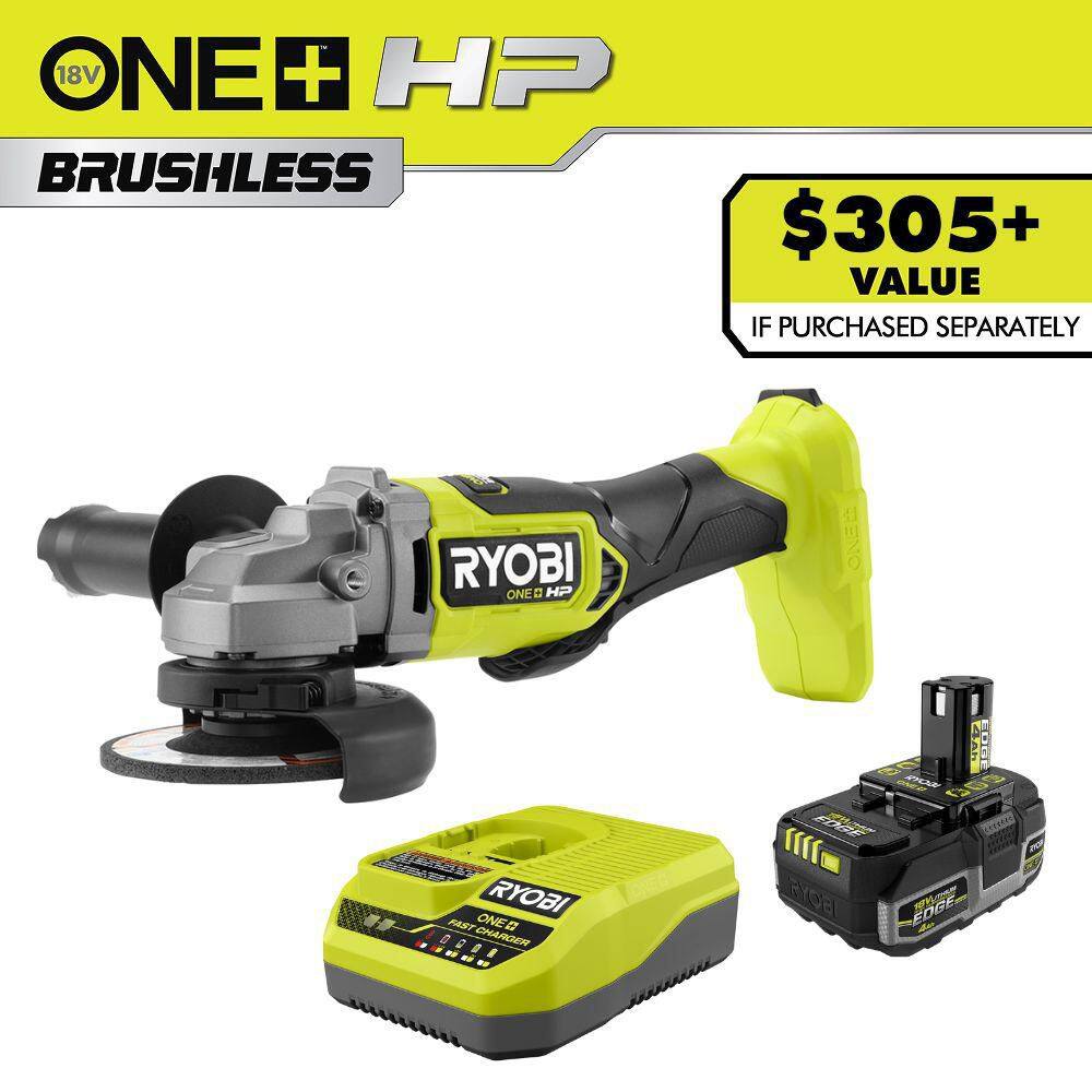 RYOBI ONE+ HP 18V Brushless Cordless Angle Grinder Kit with 4.0 Ah HIGH ...