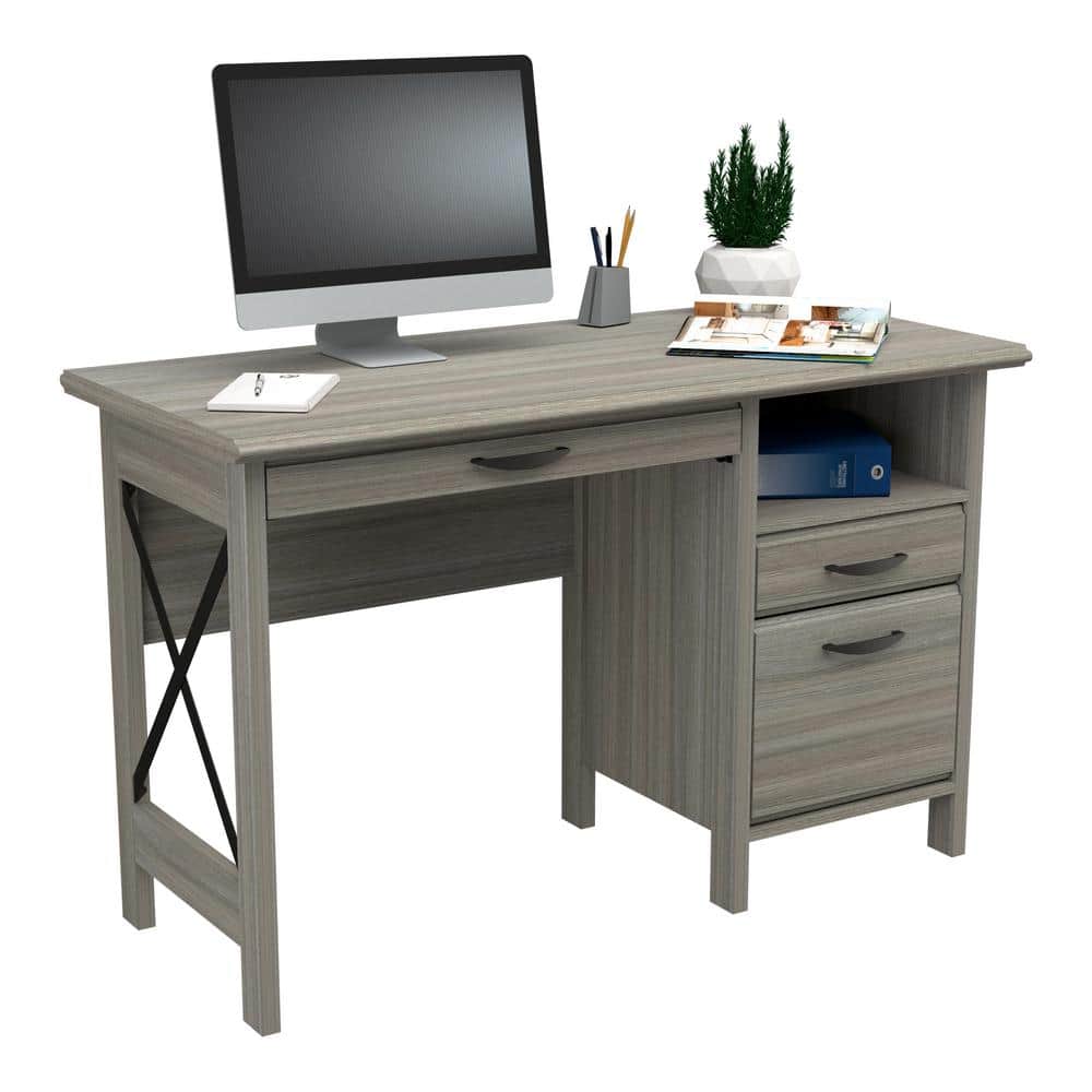 Inval America 2-Drawer Computer Desk with Keyboard Tray in Gray Smoke Oak
