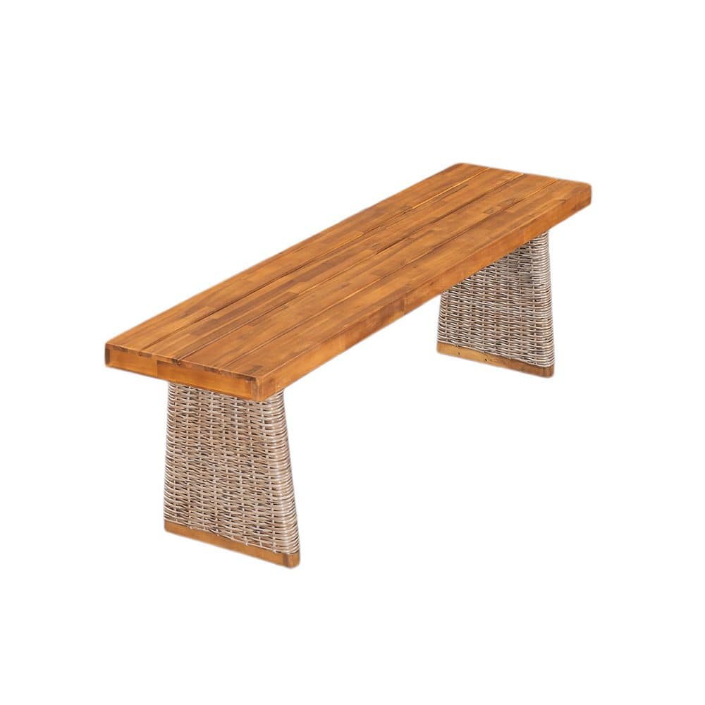 Brown Acacia Wood and Handwoven Rattan Outdoor Bench-Versatile, Weather ...