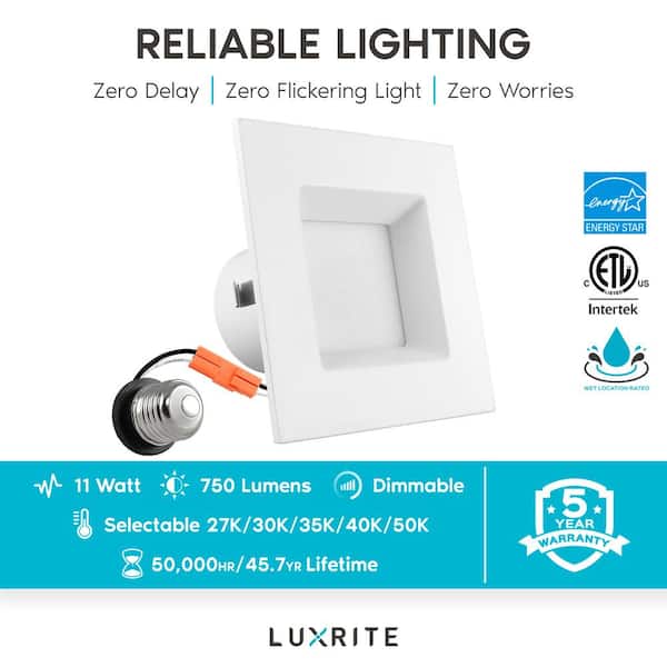 LUXRITE 4 in. Square Recessed LED Can Lights Color Options 2700K/3000K ...
