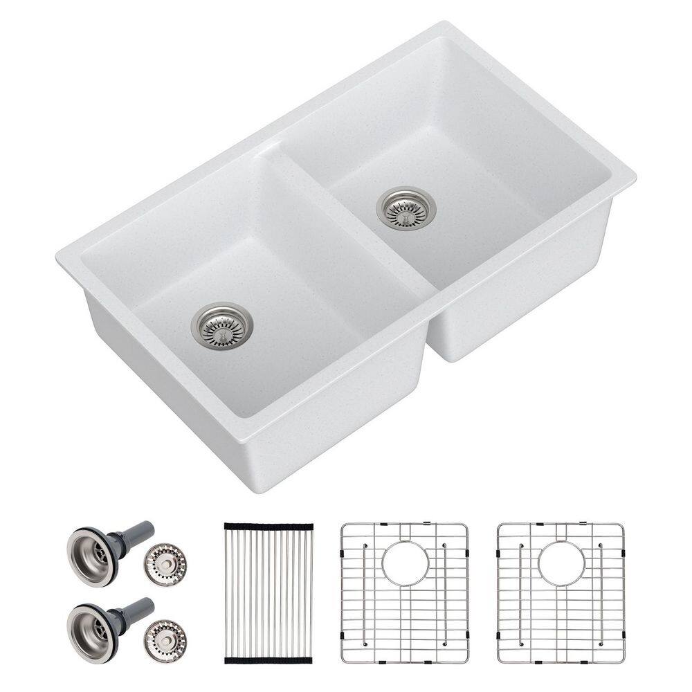 Dcolora 33" Undermount Deep Double Bowl Granite Composite White Kitchen ...