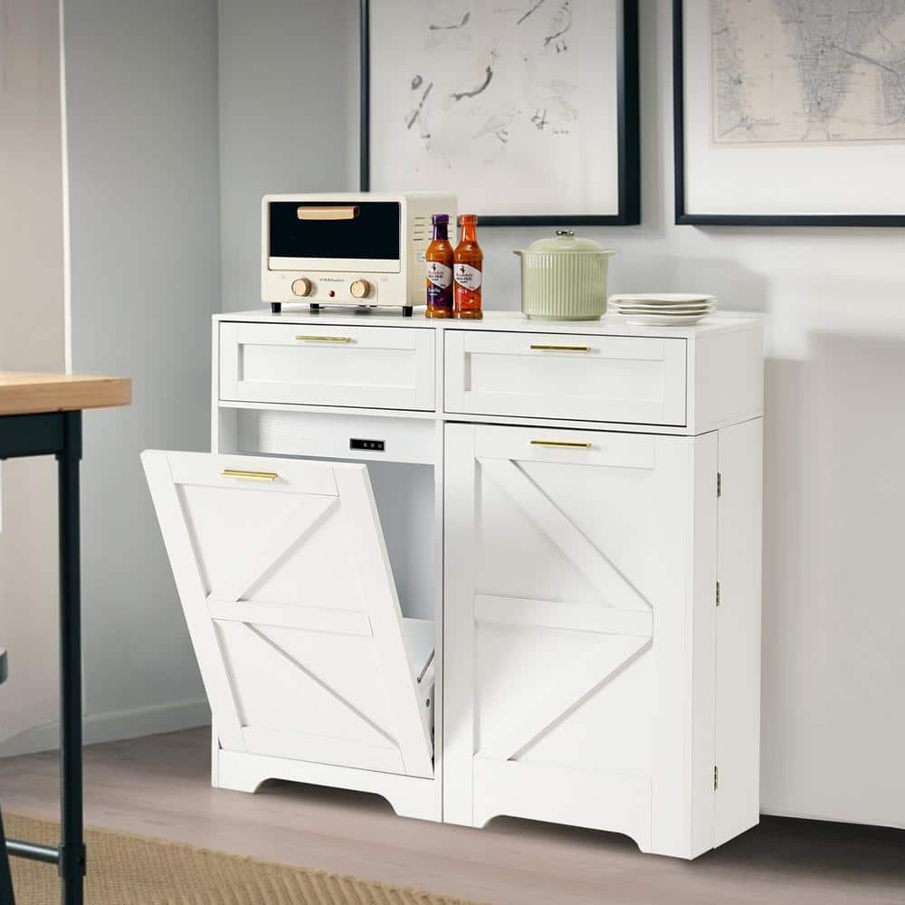 VECELO Smart Kitchen Trash Cabinet White MDF 39.37 in. Sideboard 13 ...
