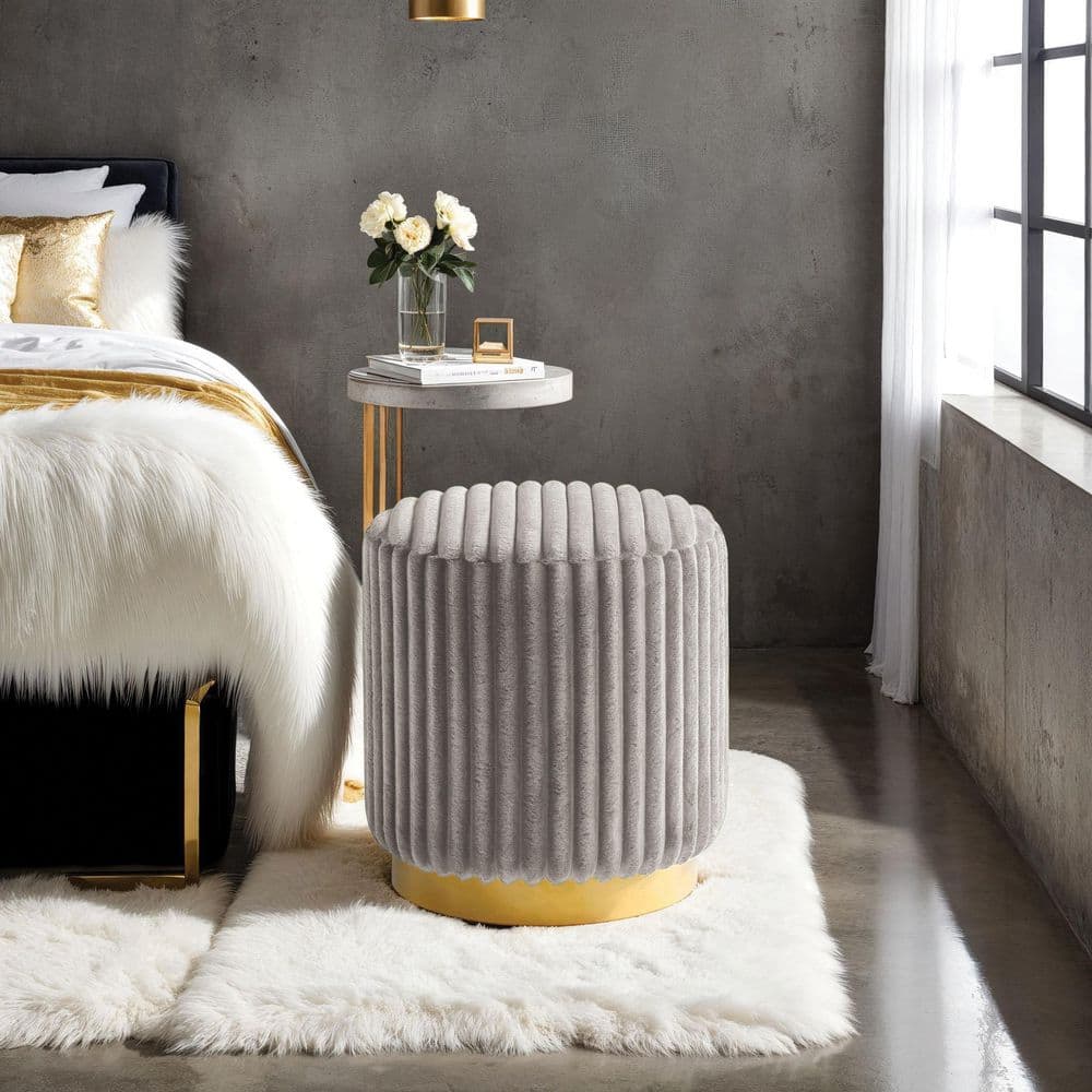 Furniture of America Stiltz Glam Gray Faux Fur Corduroy Fabric Round ...