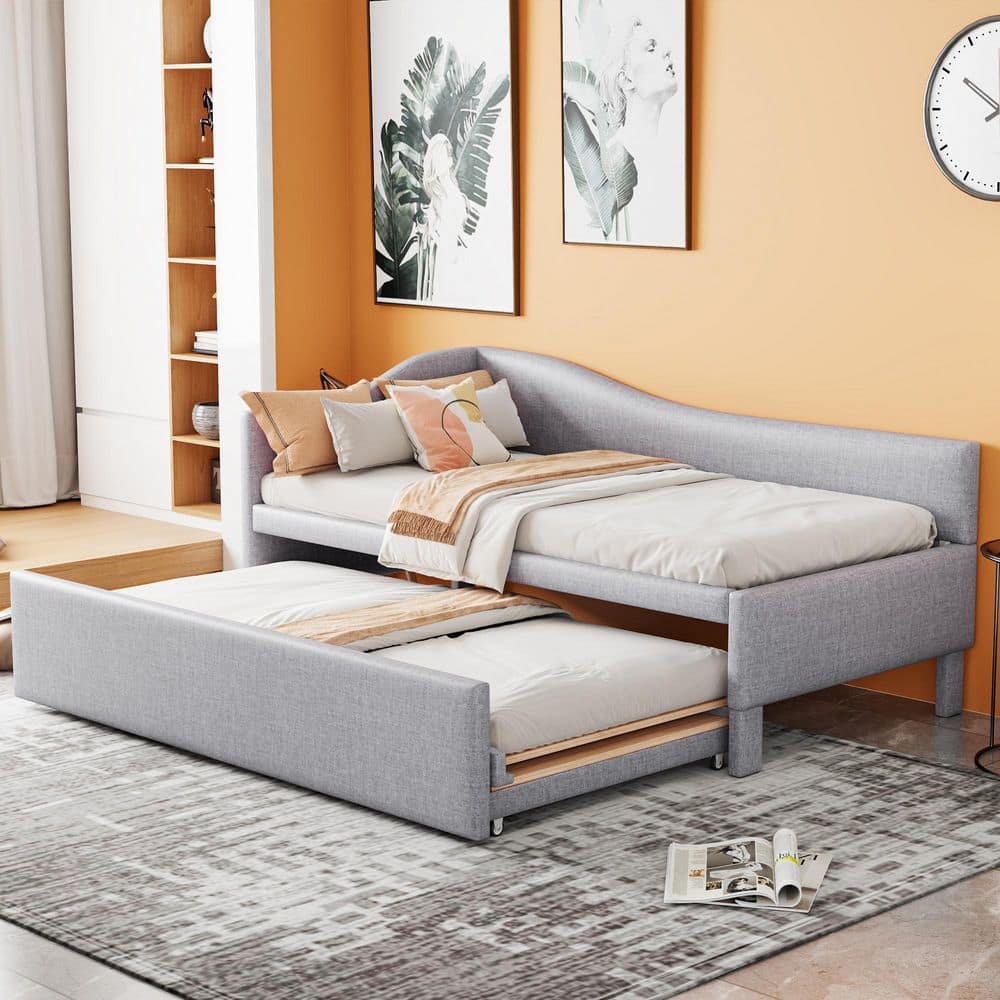 Seafuloy Grey Twin Daybed with L-Shaped Upholstered and Pop Up Trundle ...