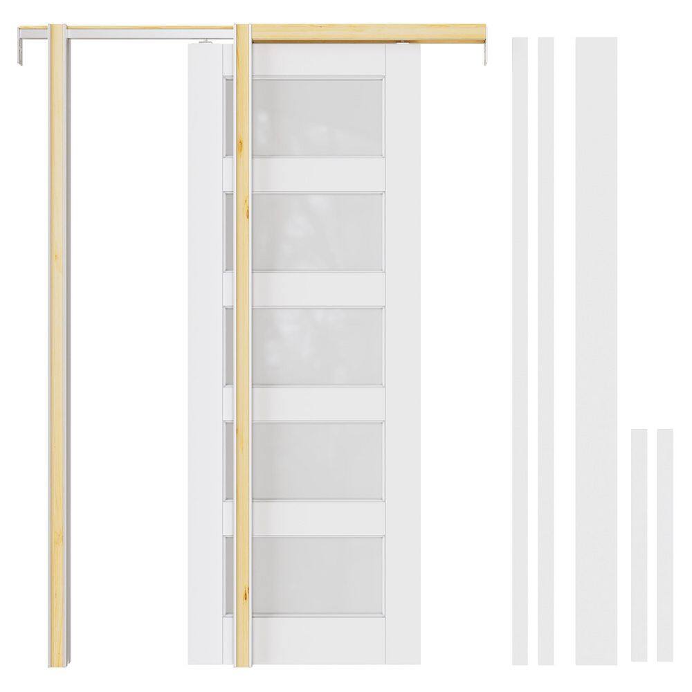 ARK DESIGN 30 in. x 80 in. 5-Lite Frosted Glass Primed White Wood ...