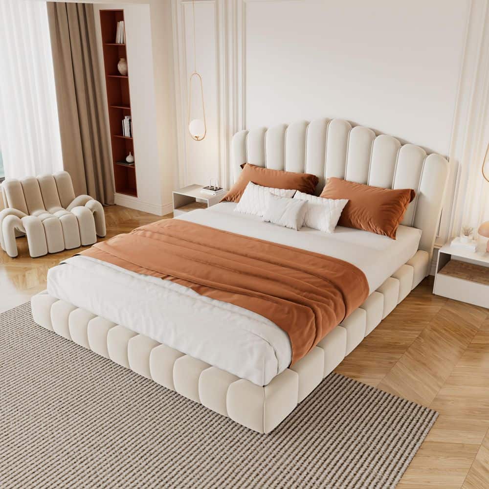 Harper & Bright Designs Shell-Shaped Beige Upholstered Velvet Wood ...