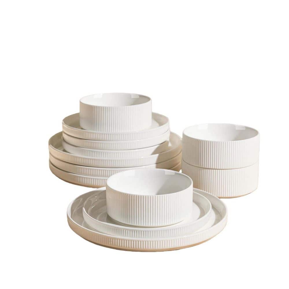 Wudkey 12-Piece Bright White Ceramic Dinnerware Set (Service for 4 ...