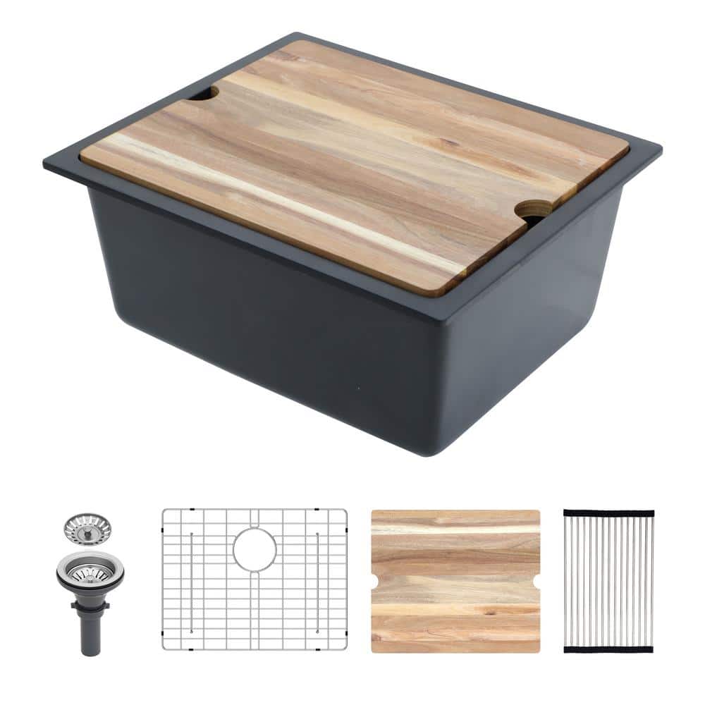 Tenleaf 21 in. x 18 in. Undermount Single Bowl Black Quartz Kitchen ...