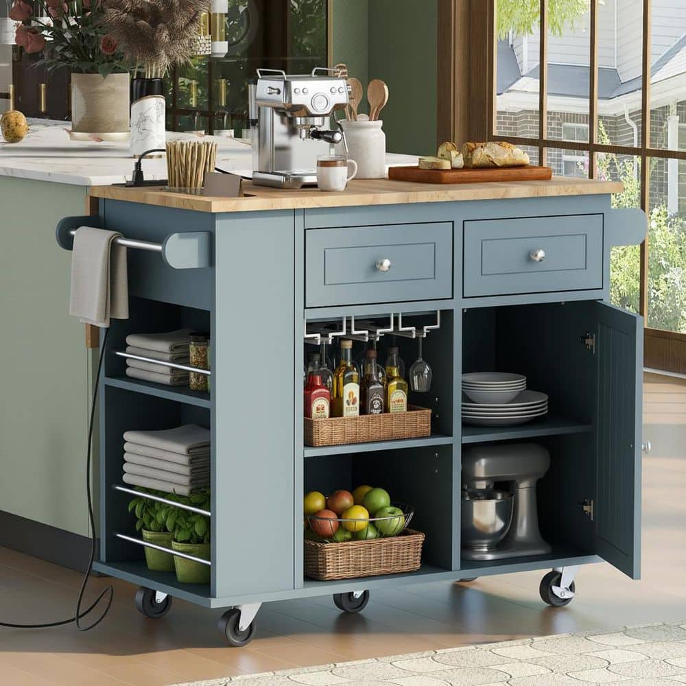 Have a question about Runesay Farmhouse Gray Blue Wood 39.8 in. Power Outlet Drop Leaf Rolling ...