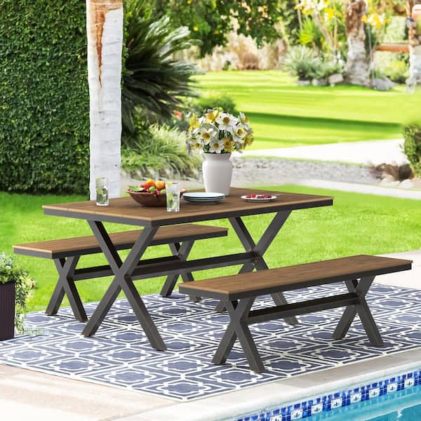 59 in. Brown Rectangular Metal Outdoor Dining Table with x Legs and Plastic Wood Tabletop