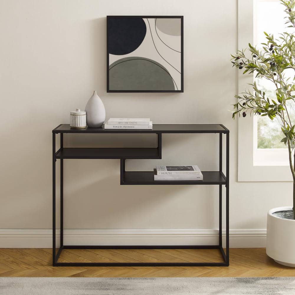 Walker Edison Furniture Company 42 in. Solid Black Wood Rectangle Modern Console Table with 2 ...