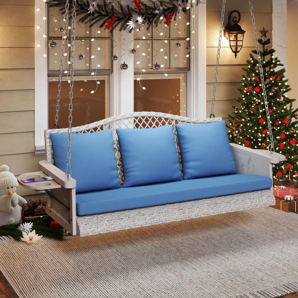 Reviews for DENISLAWN 3-Person Gray Wicker Porch Swing with Light Blue ...