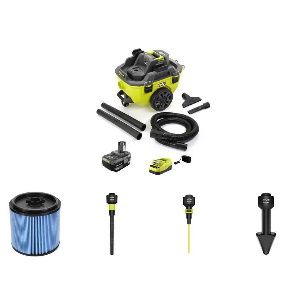 RYOBI ONE+ 18V 6 Gal. Wet Dry Vacuum Kit with 4.0 Ah Battery, Charger ...